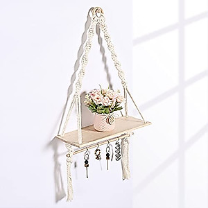 Lynnda Macrame Wall Hanging Shelves, Macrame Plant Hangers of 2, Boho Home Wall Decor Floating Shelves with Detachable Stick
