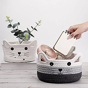 Cat Basket Storage Woven Basket Organizer with Ears Decorative Pet Toy Cute Basket Cotton Rope Basket for Gifts Cat Dog Toy Bin Nursery Room Kids Toy (White, Light Gray and Gray, 8.3 x 4.7 Inch)