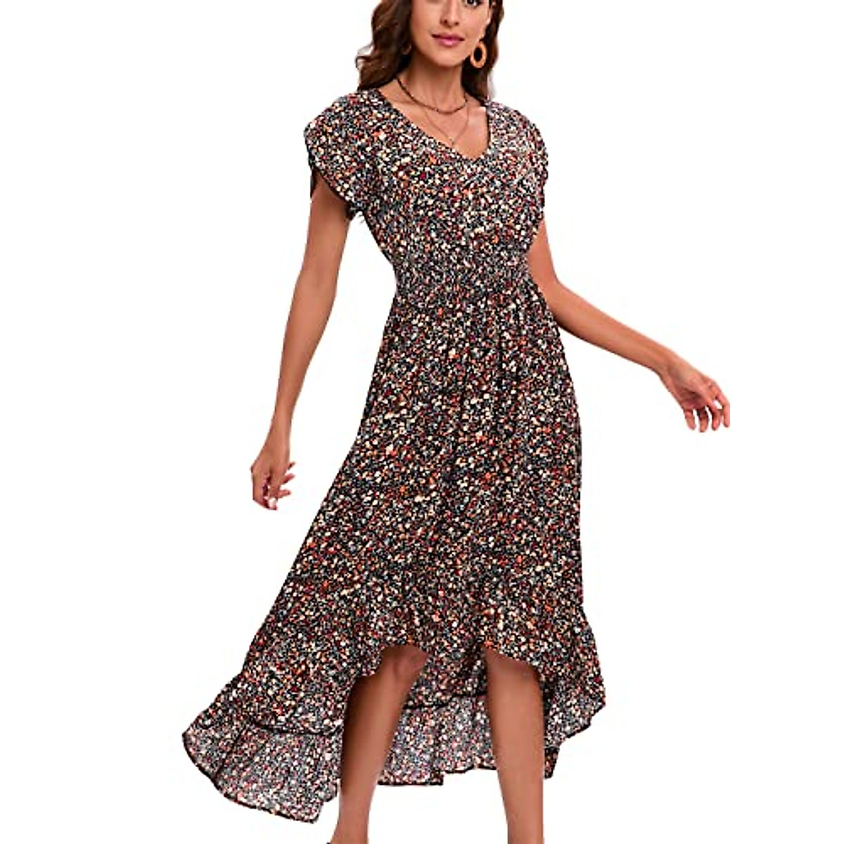 HALCYEEN Floral Printed Wrap Butterfly Sleeve V-Neck Summer Dresses Lace Up High Low Beach Party Midi Dress