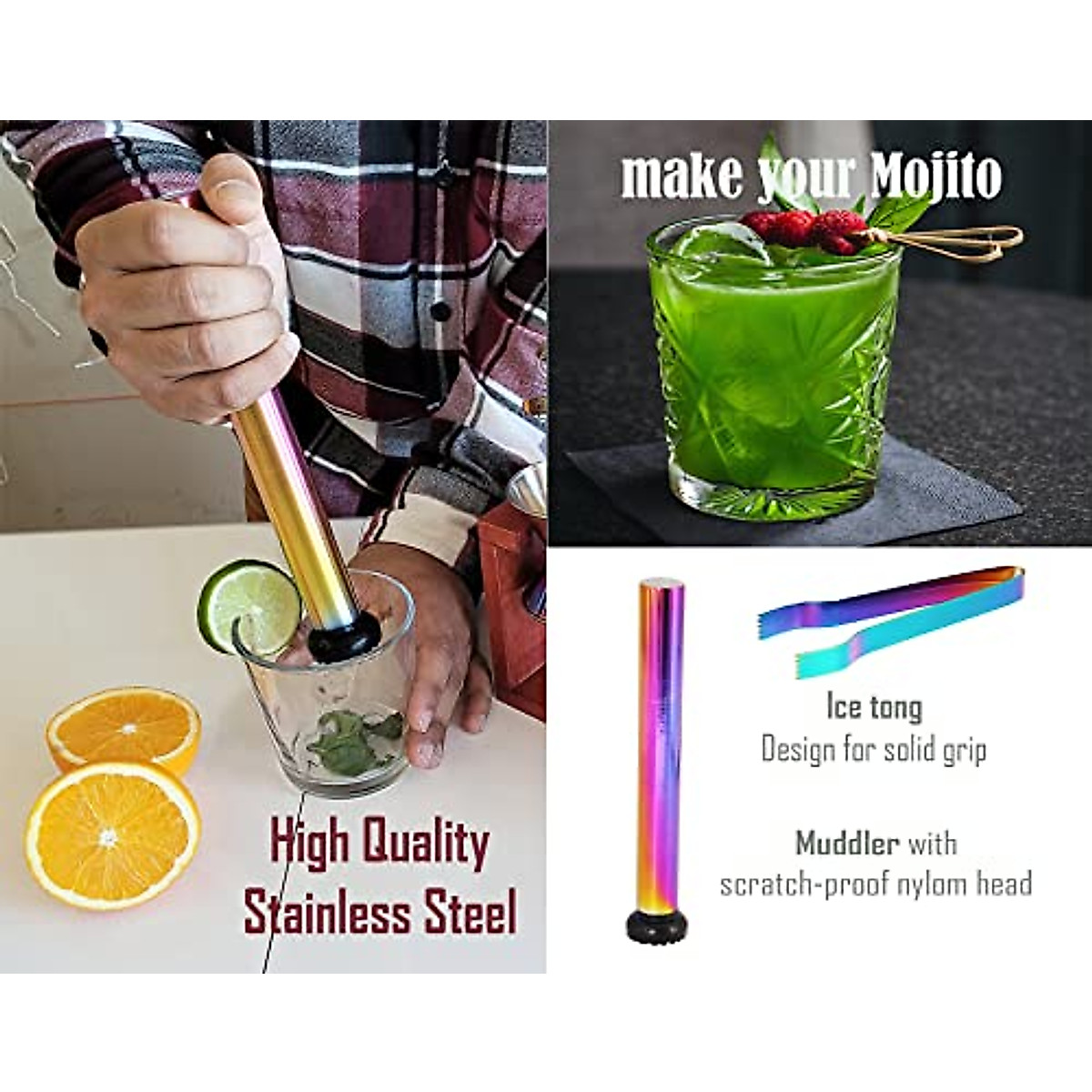 Voila Artisan 20 Pcs Premium Cocktail Shaker Set Bartender Kit with Elegant Mahogany Wooden Stand-Rainbow