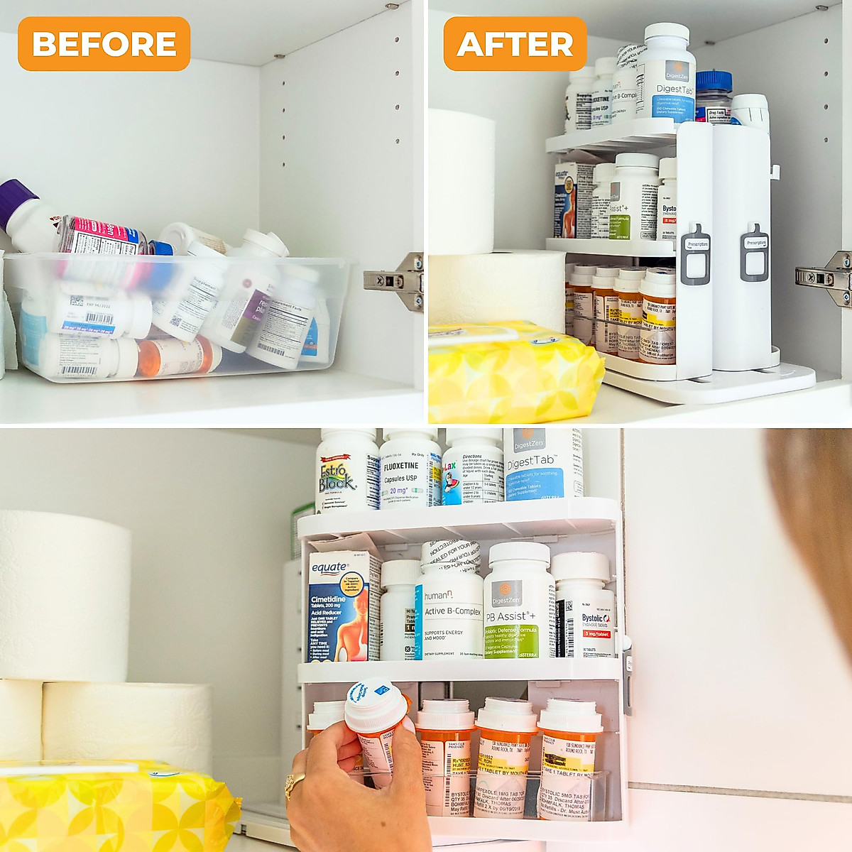 Cabinet Caddy SNAP! (White | Pull & Rotate Spice Rack Organizer| 3 Snap-In Shelves Adjust for 5 Levels of Storage | Magnetic Modular Design | Non-Skid Base | 8.9”H x 6.1”W x 10.8”D