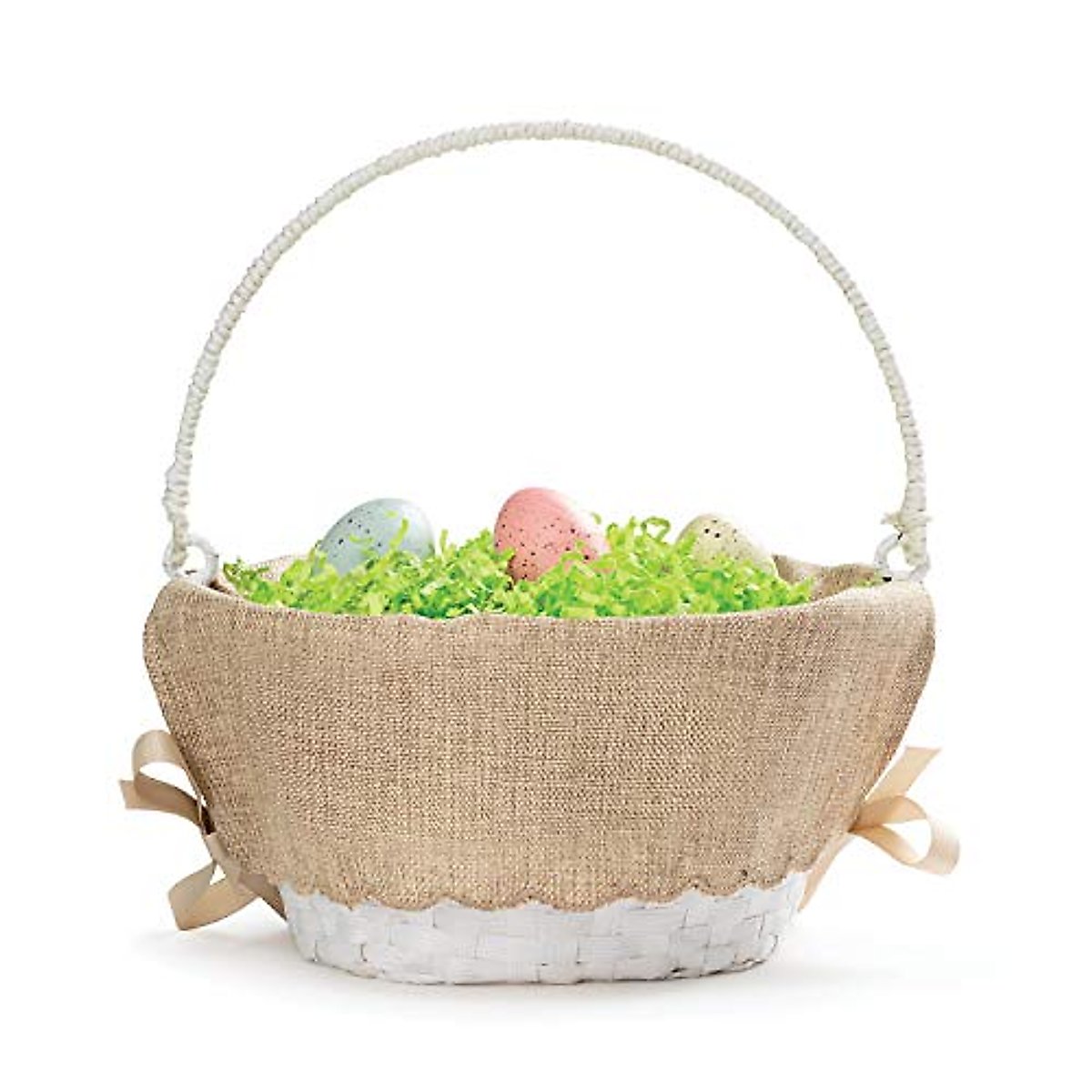 Personalized Easter Egg Basket with Handle and Custom Name in White Script | Scallop Edge Burlap Easter Basket Liners | White Basket | Woven Easter Baskets for Kids Adults | Customized Easter Basket