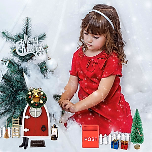 Christmas Elf Girl Fairy Doors, Miniature Elf Door Enchanted Fairy Doors, Elf On the Shelf Door Lantern Light Strip Christmas Tree Wreath Wooden Ladder Carpet Miniature Garden Furniture (22 Pcs)