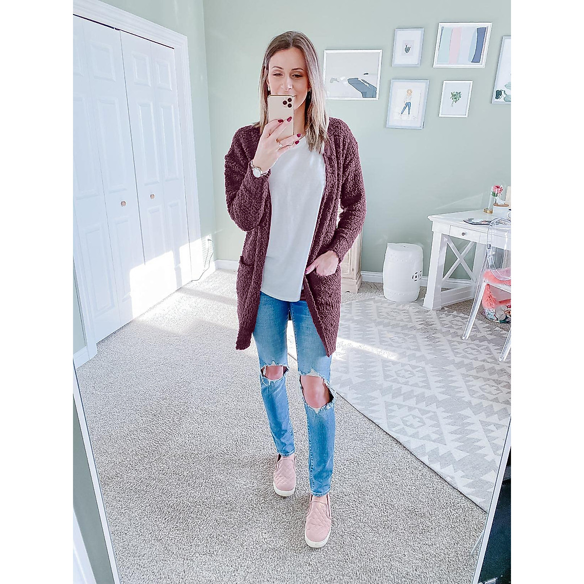 ZESICA Women's Fall Casual Long Sleeve Open Front Soft Chunky Knit Sweater Cardigan Outerwear,Maroon,Small