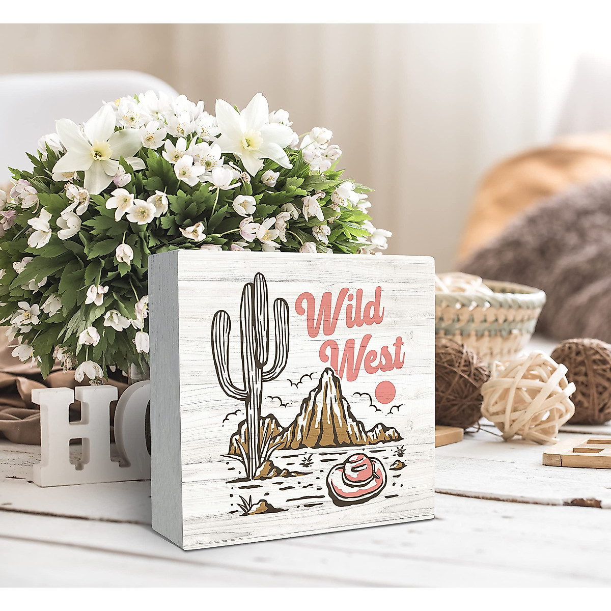 SRADMO Retro Western Country Cowboy Hat Cactus Mountain Wood Box Sign Desk Decor，Wild West Wooden Block Box Sign Decoration For Western Home Shelf Table Decor