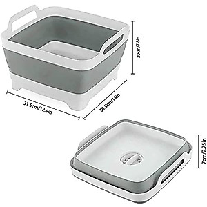Dish Basin Collapsible with Drain Plug Carry Handles, Foldable Sink Tub, Dish Wash Basin, Portable Dish Tub, Collapsible Dishpan for Camping Dish Washing Tub and RV Sink (9.3L Capacity) (Grey)