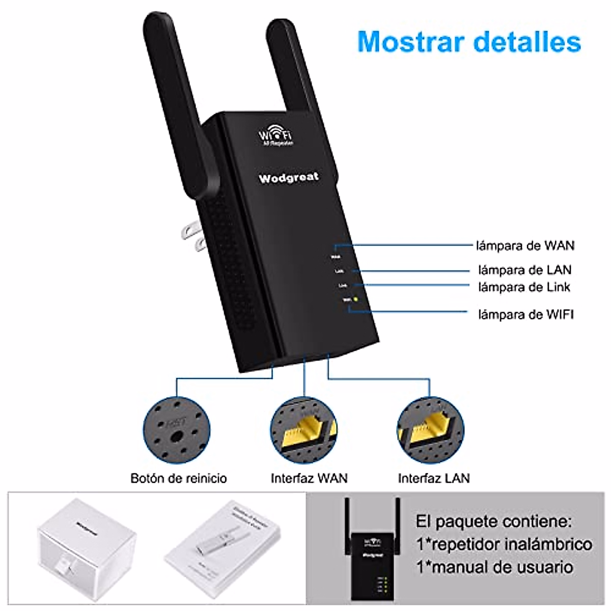 WiFi Extender, Wodgreat 300Mbps WiFi Repeater Wireless Internet Booster with Ethernet Port, 2.4GHz Wireless Signal Amplifier for Home, Repeater/AP/Router Modes Supported, Wide Compatibility Easy Setup