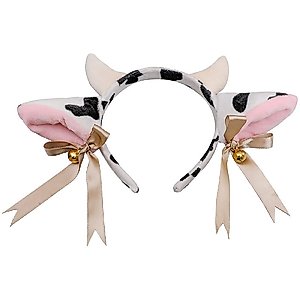BPNHNA Cow Ears and Horns Headband Bow Ribbon Bells Headwear Elastic Hair Hoop For Party Animal Cosplay Costume White