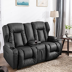 BINGTOO Home Theater Seating 67” RV Recliner Double Recliner Loveseat Manual Recliner Leather Recliner Loveseat Reclining Sofa with Console Slate, Cup Holder, Side Pocket