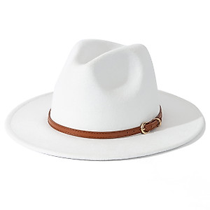 Lisianthus Women White Fedora Wide Brim Panama Hats with Color Belt Buckle (A Brown)
