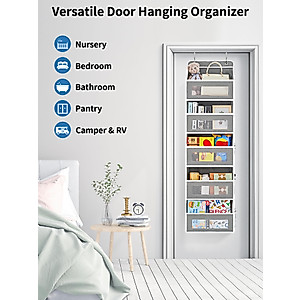JARLINK Over The Door Organizer Storage, 5 Shelf Hanging Door Organizer with 5 Large Capacity Pockets, Anti Tilt 44 lb Load Behind Door Organizer for Bedroom, Bathroom, Pantry, Nursery, (Grey)
