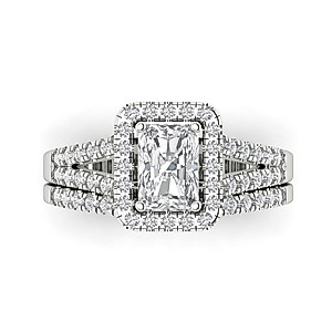 1.57ct Emerald Cut Clear Simulated Diamond 14k White Gold Halo Solitaire W/Accents Wedding Bridal Ring Band Set Sz 11