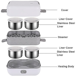 Portable Self Cooking Electric Lunch Box, Mini Rice Cooker, 2 Layers 4 Stainless Steel Steamer Food Insulation Lunch Box for Home Office Dormitory Travel Outdoor Kitchen Cook Raw Food, 2L/110V/200W