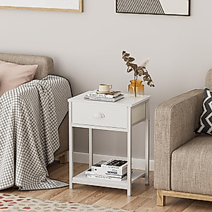 Furologee White Nightstands Set of 2, End Table with Fabric Drawer, Small Side Table for Small Spaces, 2 Tiers Storage Shelves End Table, Bedside Table for Living Room, Bedroom, Dorm