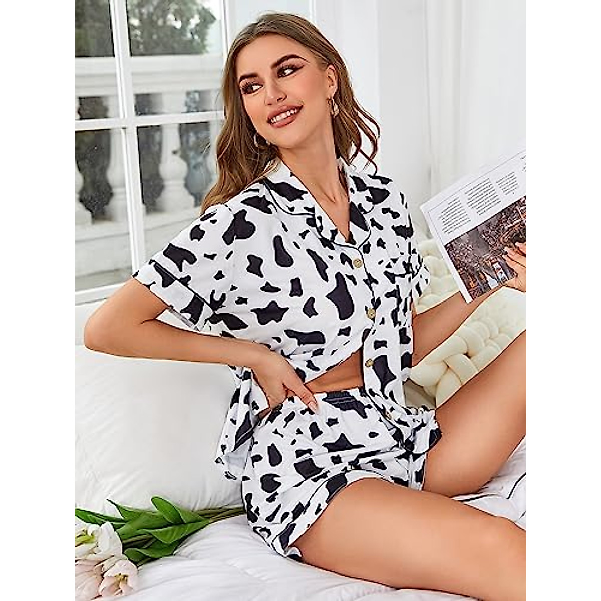 WDIRARA Women's Satin Heart Print Short Sleeve Button Down Flamingo Pajamas Shorts Set Cow Print Black White S