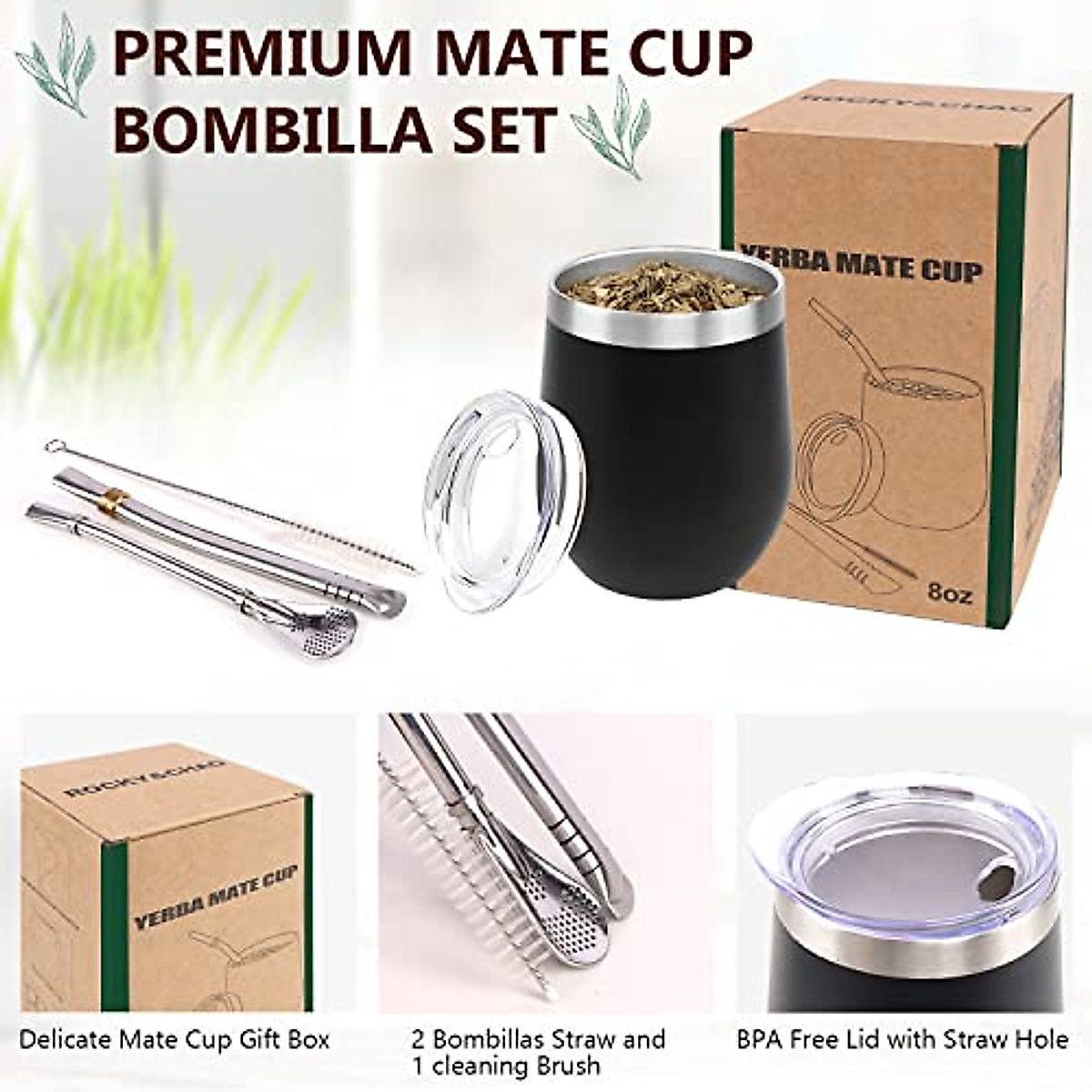 8 Oz Yerba Mate Cup, Tea Cup Set Include Stainless Steel Modern Mate Cup, 2 Bombilla Mate Straws, Cleaning Brush and BPA Free Lid, Double-Walled and Hot & Cold Drink, for Mate Tea, Coffe, Drinks