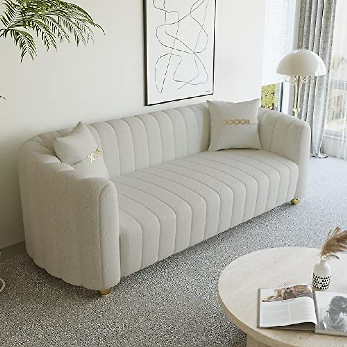 Lkvkvri 83 inch White Velvet Couch Wide Modern Loveseat Chesterfield 3-Seat Couch Sofa 750 lbs Weight Capacity with 2 Throw Pillows for Living Room