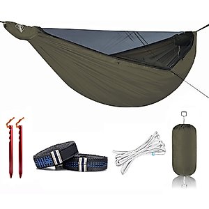 Onewind 11Ft Camping Hammock with Mosquito Net and Structure Ridgeline, Lightweight Portable Double Hammock with 12ft Tree Straps, Ideal for Camping, Hiking, Backpacking, OD Green