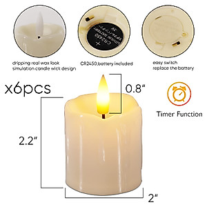 Homemory 2" x 2" Timer Remote Control Flickering Flameless Votive Candles, Realistic Battery Operated Candles, 6Pack 3D Wick Electric Fake Candles for Christmas, Wedding, Home Decorations