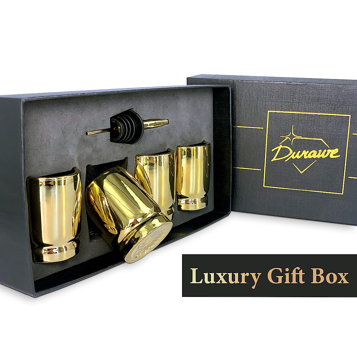 Durawe Company 50 Caliber Shot Glass, Set of 4 Ceramic Shot Glasses with Pourer, 50 Cal Bullet Casings Shaped Shot Glasses Great Gift Drinking Glass Set for Men, Luxury Gift Set