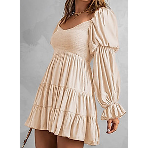 Dokotoo Womens Dress Spring Summer Dresses for Women 2025 Birthday Wedding Guest Dresses Casual Sexy Off The Shoulder Square V Neck Long Sleeve Smocked A-Line Mini Short Dresses for Women Khaki Medium