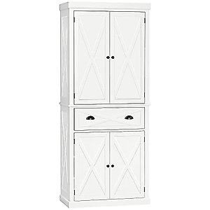HOMCOM Freestanding Modern Farmhouse 4 Door Kitchen Pantry Cabinet, Storage Cabinet Organizer with 6-Tiers, 1 Drawer and 4 Adjustable Shelves, White