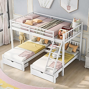 Wood Triple Bunk Bed with 3 Drawers and Guardrails, Full Over 2 Twin Bunk Bed for Family, Teens, No Box Spring Needed