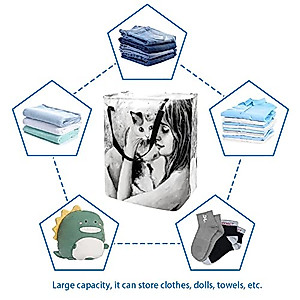 Beauty Girl and Cat Print Collapsible Laundry Hamper, 60L Waterproof Laundry Baskets Washing Bin Clothes Toys Storage for Dorm Bathroom Bedroom