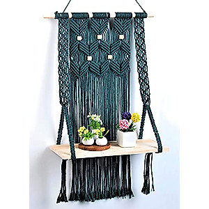 Macrame Wall Hanging Shelf-ideal décor-plants storage bookshelf-Bohemian Decorative Shelves-Boho Floating Indoor Shelving–For bedroom kitchen bathroom room with window Plant hanger-shelfs. Green