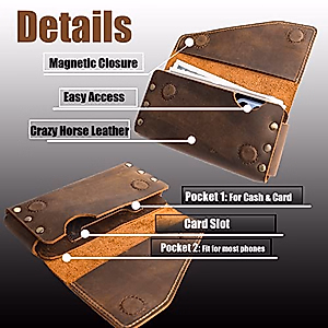 Topstache Leather Phone Holster with Belt Loop, Magnetic Closure Cell Phone Pouch Card Holder Wallet, Handmade Leather Phone holder for iPhone 14 Pro Max,(Fits Phone with Otterbox Case on)XL,Darkbrown