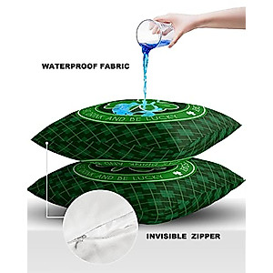 Outdoor Pillow Covers Waterproof, Round Green Lucky Clover Throw Pillowcase Decorative Cover, Saint Patrick Checker Backdrop Garden Cushion Case Set of 2 for Sofa, Couch, Tent, Patio 18"x18"