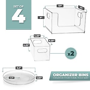 Sorbus Laundry Organizer Set, Large Stackable Bin Open Front, 2 Narrow Stackable Storage Bins, 1 Lazy Susan Organizer, - Clear Organizer Bins for Laundry Organization and Storage (Set of 4)