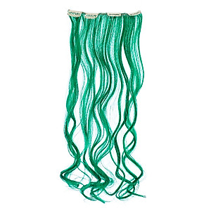 SWACC 7 Pcs Full Head Party Highlights Clip on in Hair Extensions Colored Hair Streak Synthetic Hairpieces (20-Inch Curly, Green)