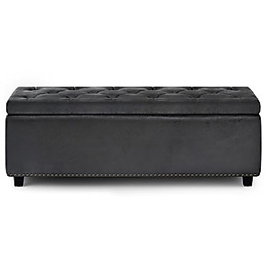 SIMPLIHOME Hamilton 48 inch Wide Rectangle Lift Top Storage Ottoman in Upholstered Distressed Black Tufted Faux Leather with Large Storage Space for Living Room, Entryway, Bedroom, Transitional