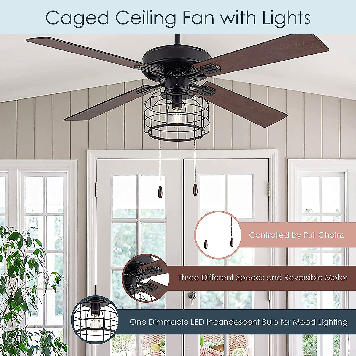 RIVER OF GOODS Industrial LED Ceiling Fan - 52" L x 52" W - Caged Ceiling Fan with Lights - Rich Barnwood/Black Fan Blades