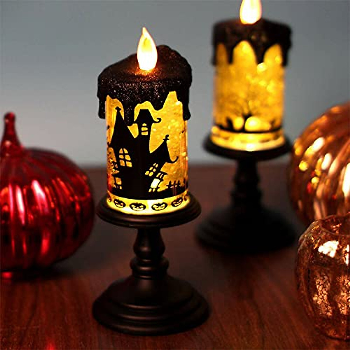 Eldnacele Halloween Snow Globe Candles Lighted Lamp, Battery Operated Spooky Spinning Water Glittering Tornado Candles Flameless Candles Table Centerpiece for Halloween Celebration Parties(Castle)