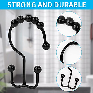 HAOBAOBEI Shower Curtain Rings Hooks, 12 Pack Bathroom Double Curtain Hooks for Christmas Shower Curtain Liner, Metal Rust-Resistant Roller Ball Sliding Hooks for Bathroom Shower Curtains Rods (Black)
