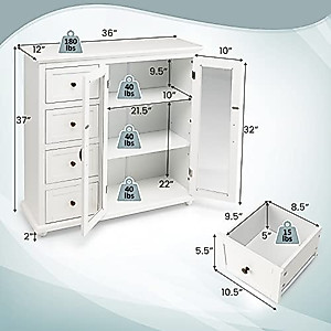 LOKO Buffet Sideboard, Kitchen Storage Cabinet, 2-Door Cupboard with 4 Drawers, Adjustable Shelf & Anti-Tipping Device, Multipurpose Console Cabinet (White)