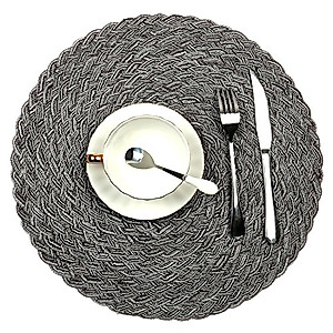 Topotdor Round Placemats Heat-Resistant Stain Resistant Anti-Skid Washable Polyproplene Table Mats Placemats (Set of 6, Braided-Gray)