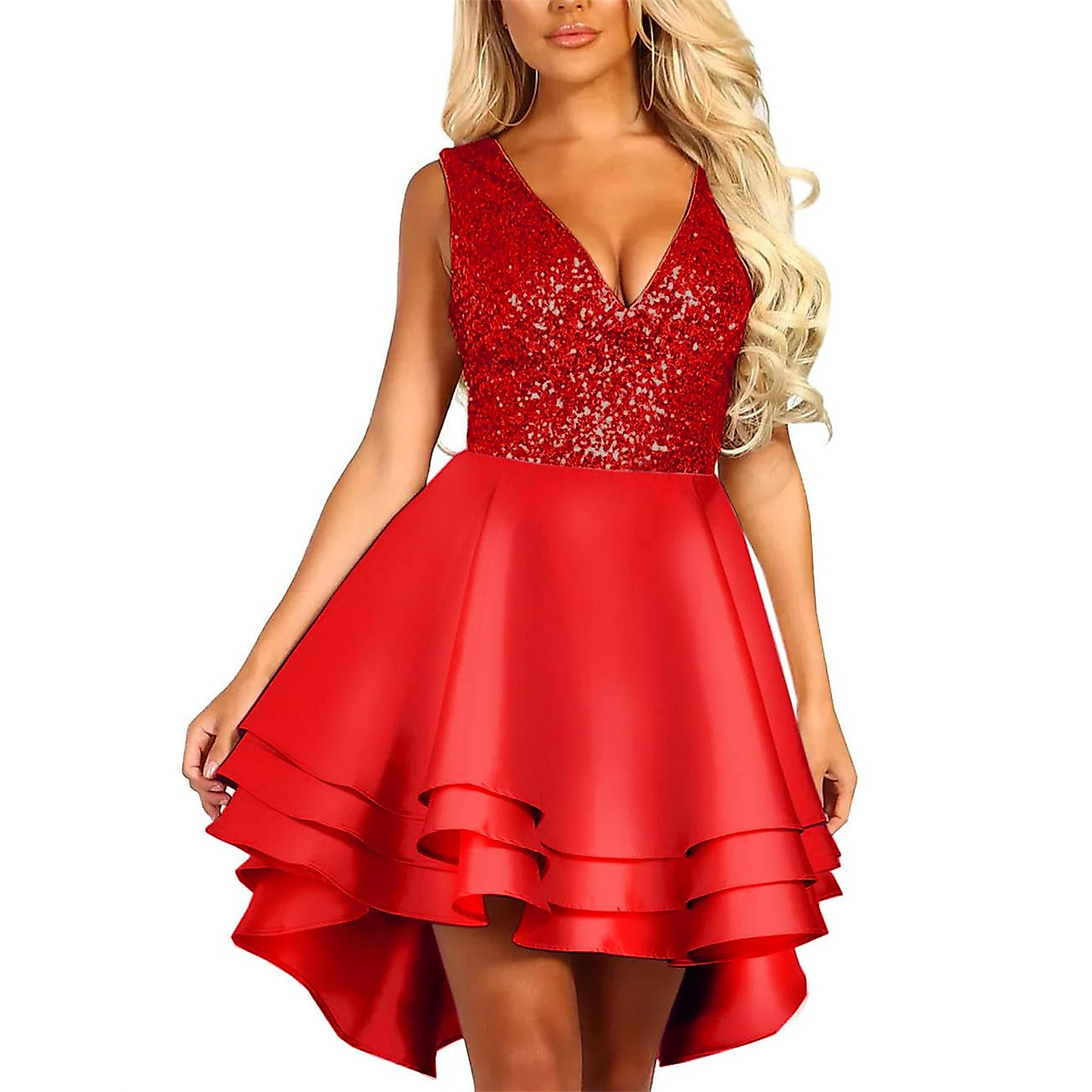 Lrady Women's Sequin Glitter V Neck Skater Mini Club Cocktail Party Swing Dress, Red, Medium