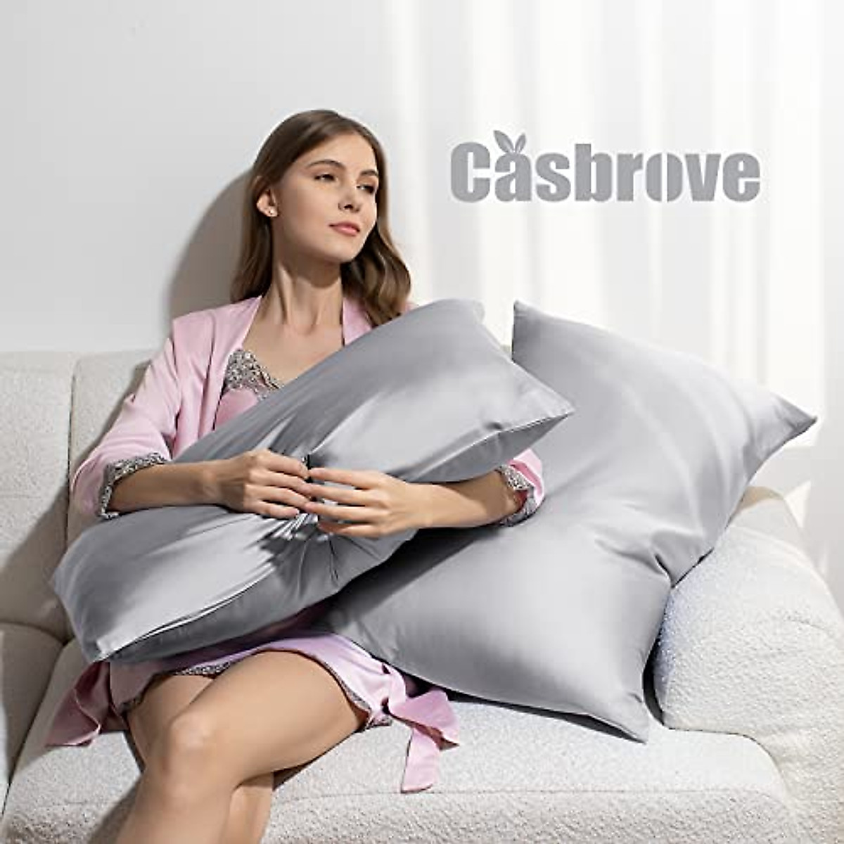 Silk Pillowcase for Hair and Skin Mulberry Silk Pillowcase Soft Breathable Smooth Both Sided Natural Silk Pillowcase with Zipper Beauty Sleep Silk Pillow Case 1 Pack for Gift (Standard, Silver Gray)