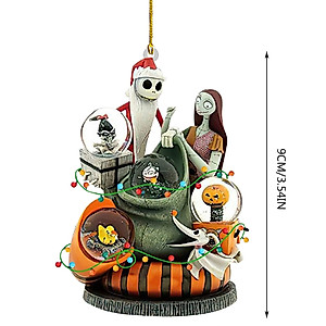 2023 Nightmare Halloween Christmas Tree Decorations, Cute Jack and Sally Christmas Pendants, Flat Christmas Ornaments Set for Xmas Tree and Car Interior (A)