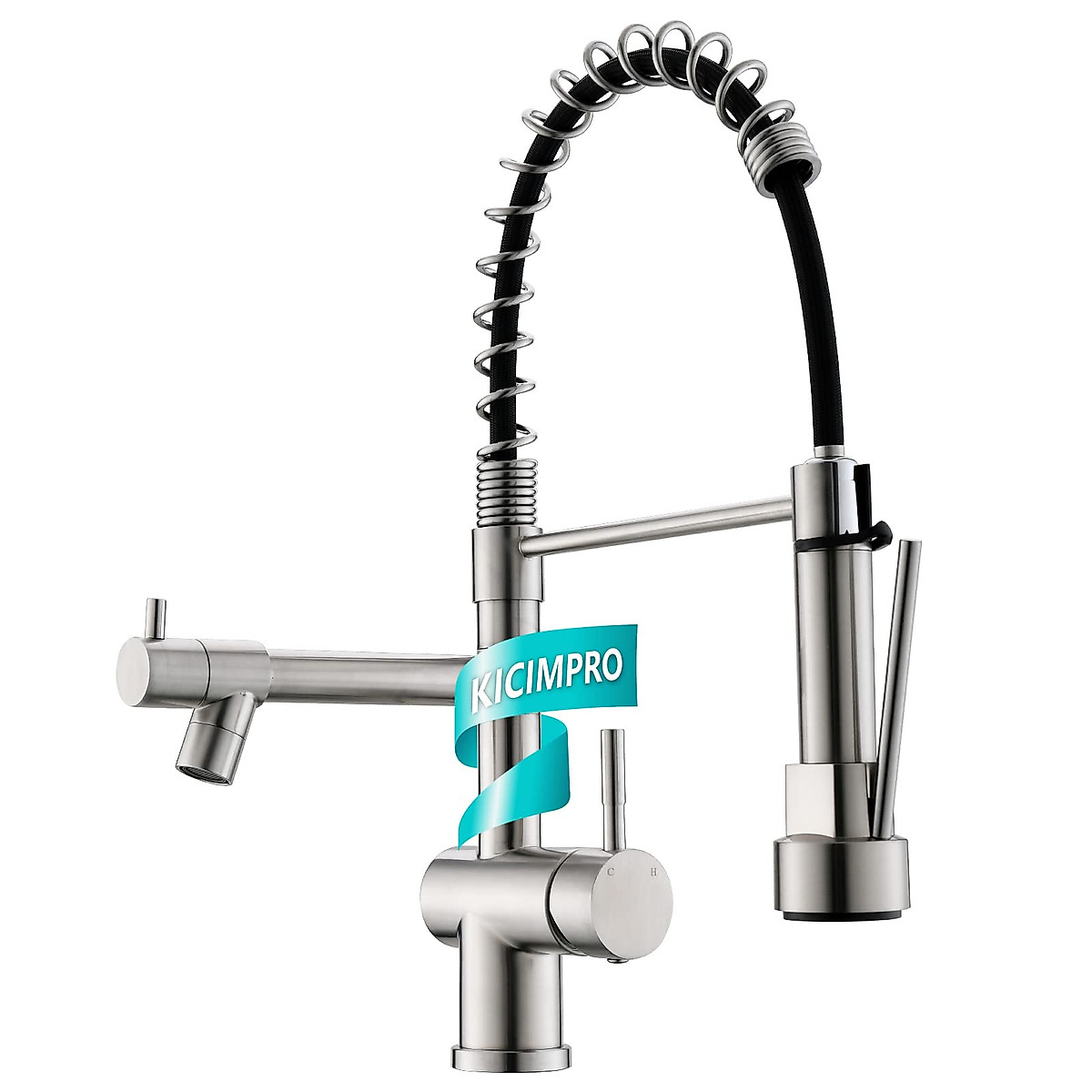 Kicimpro Faucet for Kitchen Sink, Commercial Kitchen Faucet with Pull Down Sprayer Brushed Nickel Spring Single Handle High Arc Stainless Steel Kitchen Bar Sink Faucet 1 Hole Or 3 Hole Compatible