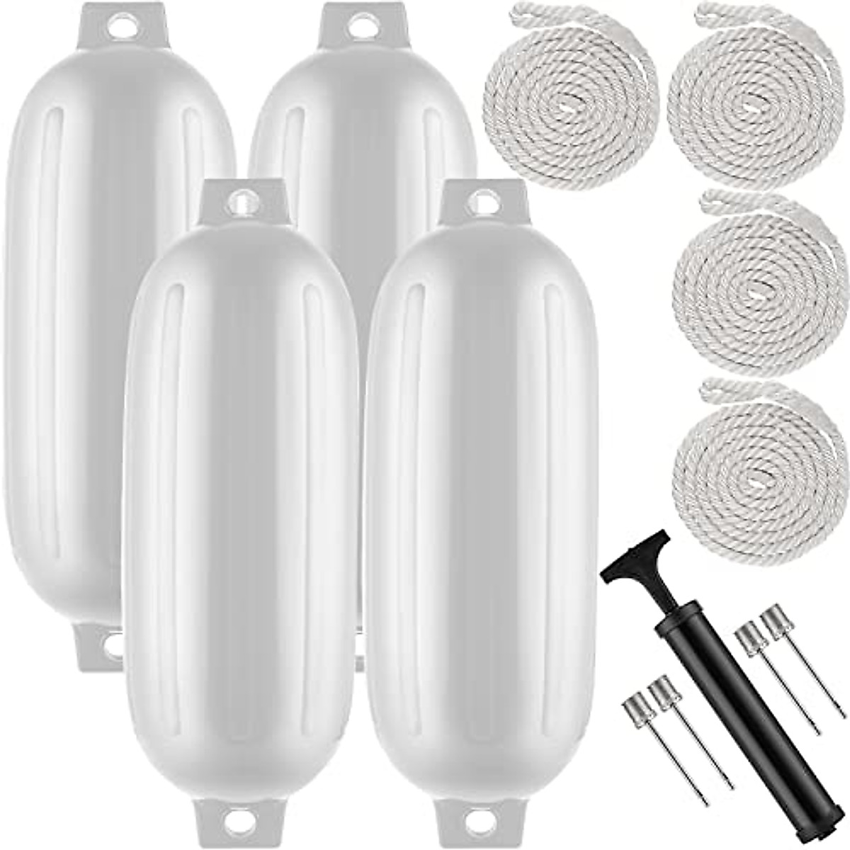 VOYOCHT 8.5 x 27 Inches Twin Eyes Ribbed Boat Fenders 4 Pack Boat Fenders Bumpers with Lines and Pump to Inflate for Docking (White)