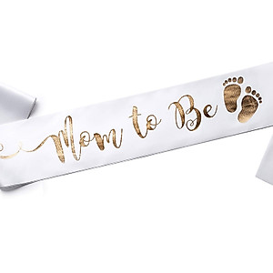 OLILLY Perfect White and Gold Mom to Be Sash - Enjoy Your Baby Shower (White and Gold)