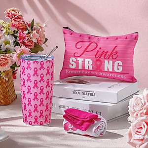 Breast Cancer Survivor Gifts Breast Cancer Awareness Tumbler Engraved with Hope Strength Cure Inspirational Gift Cosmetic Pouch Makeup Bag and Breast Cancer Socks for Women (Pink, Stylish Style)