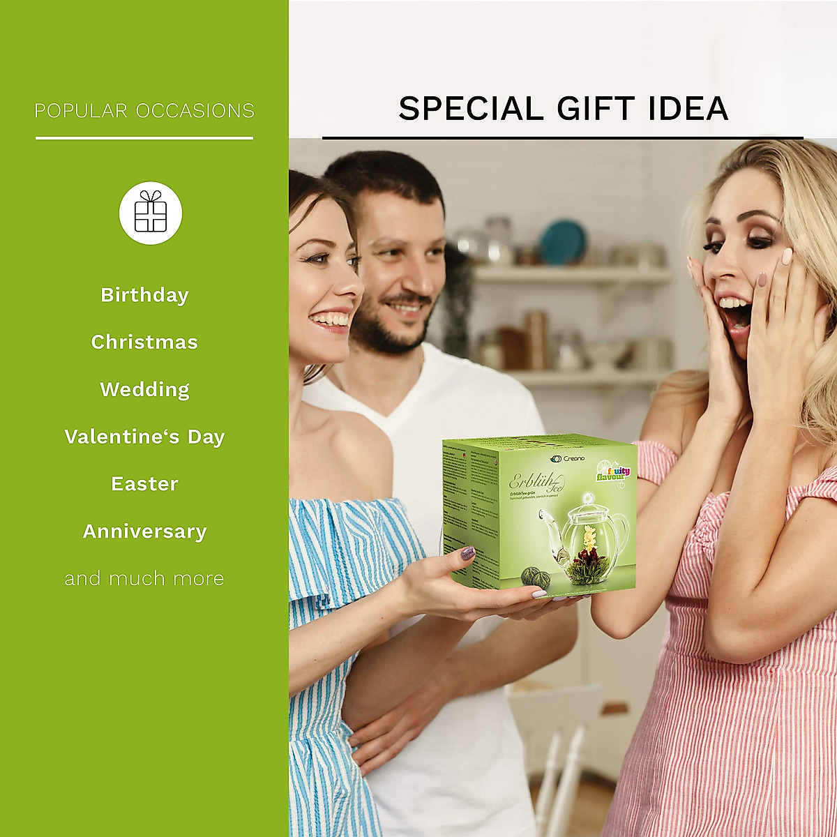 Creano Blooming Tea Gift Set with Glass Teapot 17oz (500ml) - Green Tea Fruity Flavoured Tea Flowers in 6 Varieties - Flowering Tea Gift for Easter