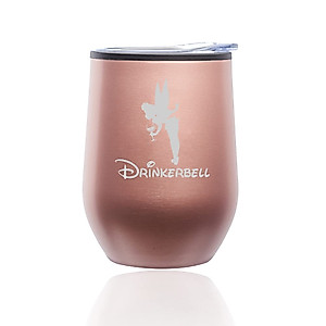 Stemless Wine Tumbler Coffee Travel Mug Glass with Lid Drinkerbell Drinking Fairy Funny (Rose Gold)