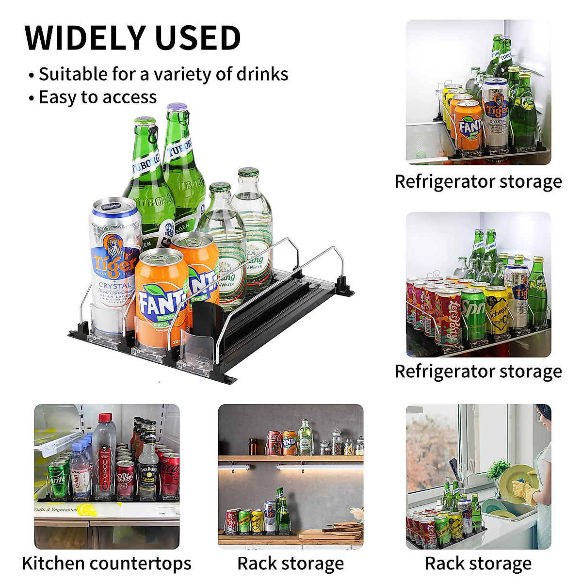 Drink Organizer for Fridge, Self-Pushing Soda Can Dispensers, Width Adjustable, 12oz 16oz 20oz Refrigerator Drink Organizer for Fridge-Holds up to 20 Cans (5 Row,12.2 Inch)