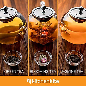 Tea Kettle Infuser Stovetop Gift Set - Glass Teapot with Removable Stainless Steel Strainer, Microwave & Dishwasher Safe, Tea Pot with Blooming, Loose Leaf Tea Sampler & 4 Double Wall Cups, Tea Maker.